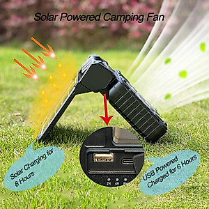 Sireck Solar Powered Camping Fan with LED Lantern,10000mAh Rechargeable Battery Operated Portable Fan,4 Speeds/Timer/Power Bank 90° Folding USB Personal Desk Fan (Black&Orange)