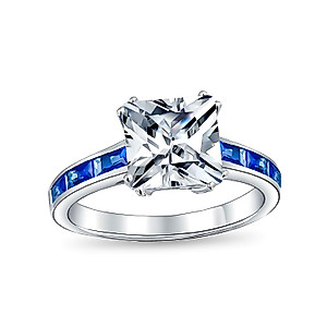 Personalized Classic Art Deco Style 3CT AAA CZ Square Princess Cut Engagement Ring For Women Cubic Zirconia Simulated Sapphire Blue Channel Set Baguette Band .925 Sterling Silver Customizable