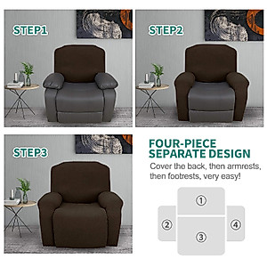 YEMYHOM 4 Pieces Stretch Recliner Slipcover Latest Jacquard Recliner Chair Cover with Side Pocket Anti-Slip Fitted Recliner Cover Couch Furniture Protector with Elastic Bottom (Recliner, Dark Coffee)