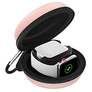 MoKo Storage Box Compatible with Apple Watch Series 10/9/8/7/6/5/4/3/2/1/SE,Portable Protective Travel Bag Fit iWatch 38mm 40mm 41mm 42mm 44mm 45mm 46mm Airpods Pro/3/2/1 Charging Case Dock,Rose Gold