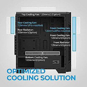 Zalman S3 TG ATX Mid-Tower PC Case, 3 x 120mm Fans Pre-Installed, Tinted Tempered Glass Side Panel, USB 3.0, Black