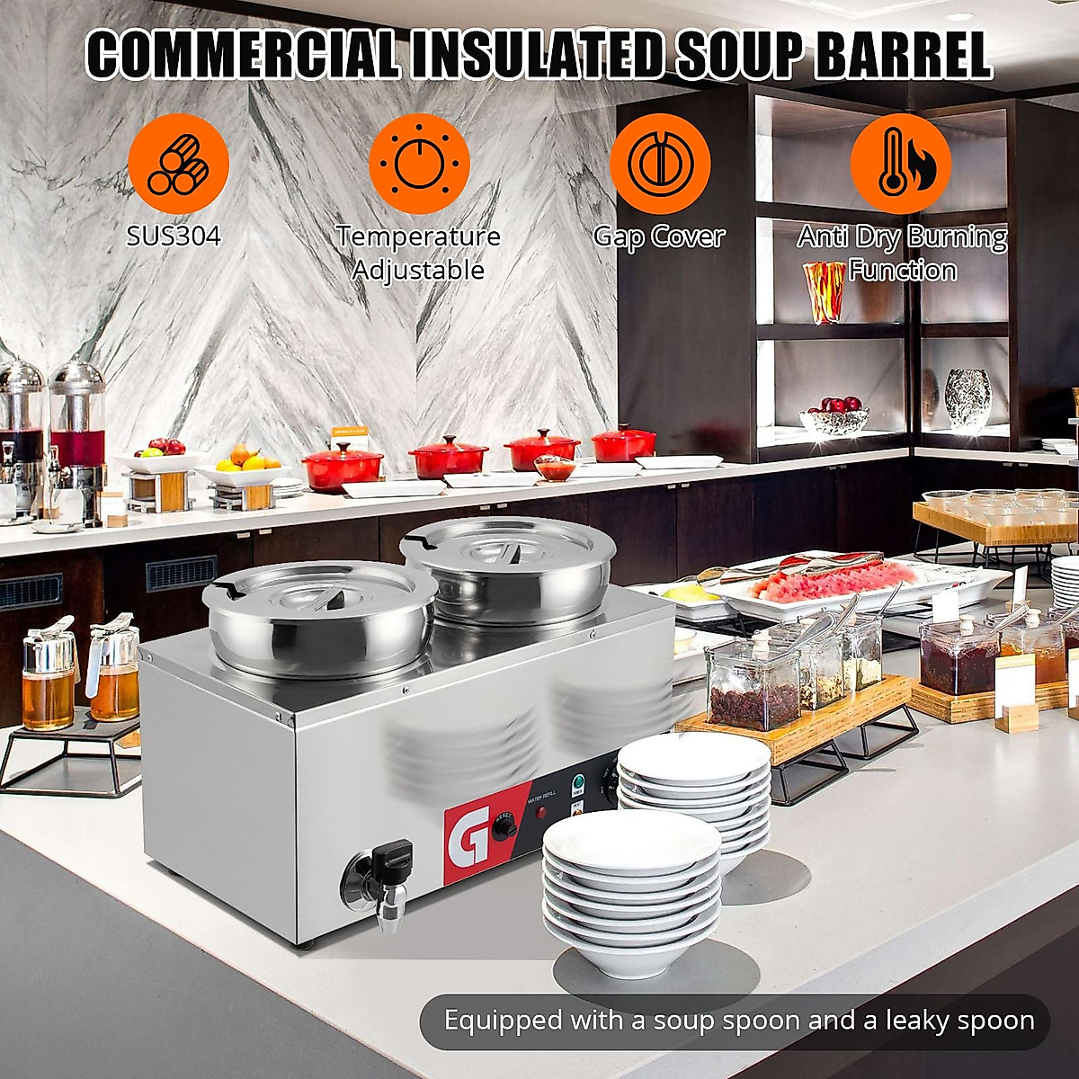 Takywep Commercial Soup Warmer 2 X 7.4QT - Stainless Steel Buffet Bain Marie, 86-185℉ Adjustable Temp, Anti-Dry Burn, Reset Button, 1200W Electric Food Warmer for Restaurant