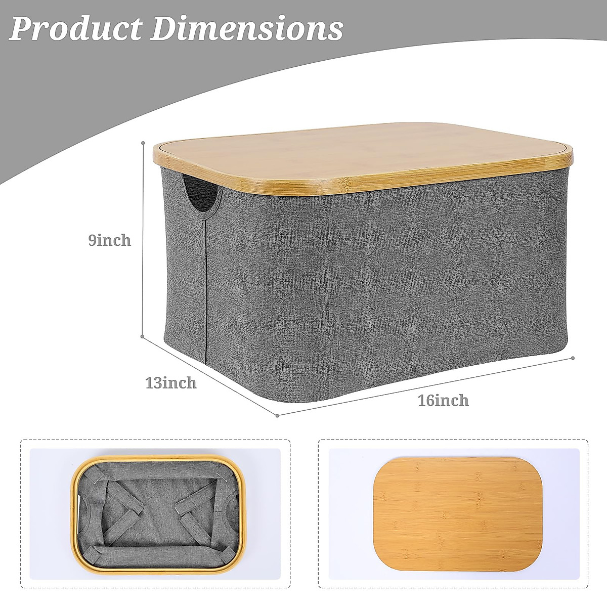ANMINY Storage Baskets for Organizing, Collapsible Fabric Storage Bins Boxes with Wood Lids & Handles, Stackable Closet Cabinet Shelf Baskets - Gray, Large