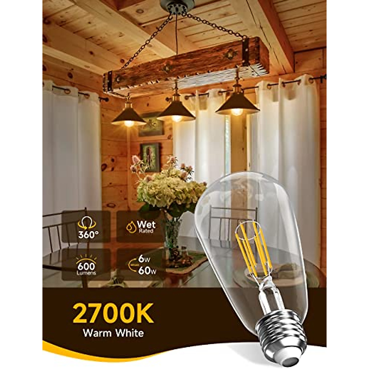 UNILAMP E26 LED Bulb 60 Watt Equivalent Dimmable, 6W Edison Light Bulb, 2700K Warm White, 600LM, ST64 E26 Edison Dimmable Bulb, Vintage LED Filament Bulbs, 2 Pack