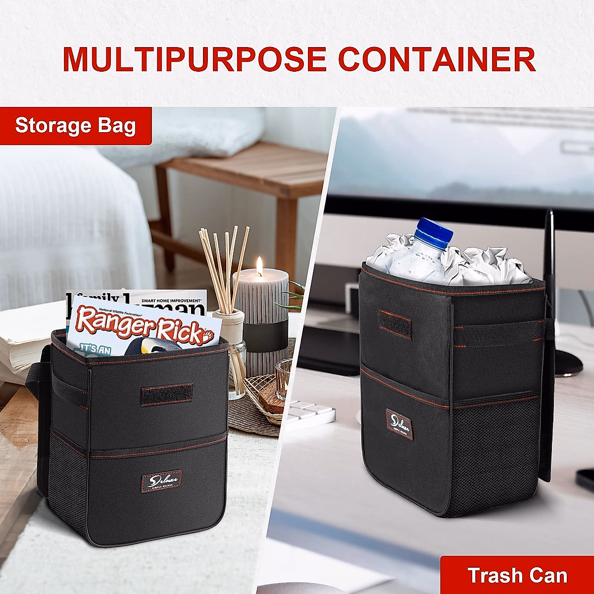 Simple Deluxe Car Trash Can with Lid and Storage Pocket, Leak-Proof Car Garbage Can with Adjustable Strap, Collapsible Portable and Waterproof Trash Bag, 2 Gallon, 8.2" L x 5.5" W x 10.2" H, Black