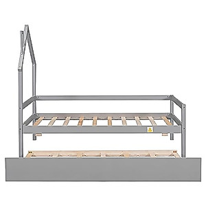 Twin Platform Bed with Trundle, Wooden House-Shaped Headboard Bed with Guardrails, Daybed Frame with Sturdy Slat Support for Kids Boys Girls Bedroom (Grey 06)