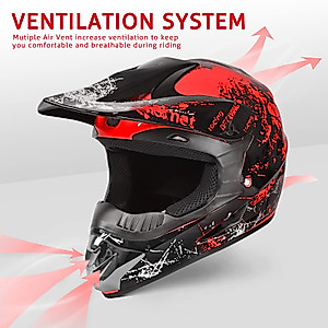 SanQing Dirt Bike Helmets Youth Motocross, Motorcycle, BMX, ATV, Off-Road, Kids Four Wheeler, Moutain Bike Helmets Dot Approved (Goggles Gloves Faceshield) (Red, Medium)