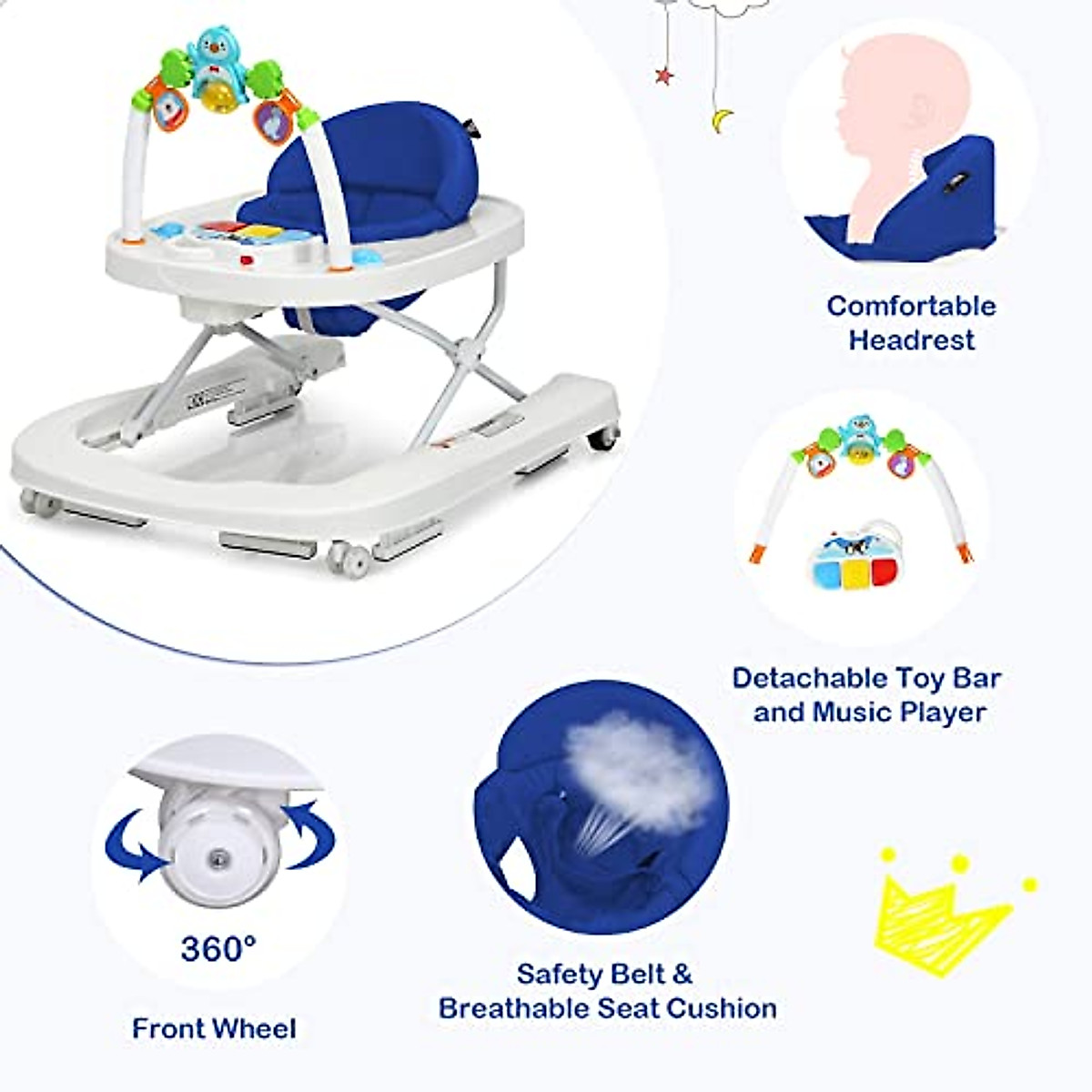 INFANS Foldable Activity Baby Walker, 2 in 1 Anti-Rollover Toddler Walker Helper with Adjustable Height and Speed Safety Belt, Music Center for Boys and Girls (Blue)