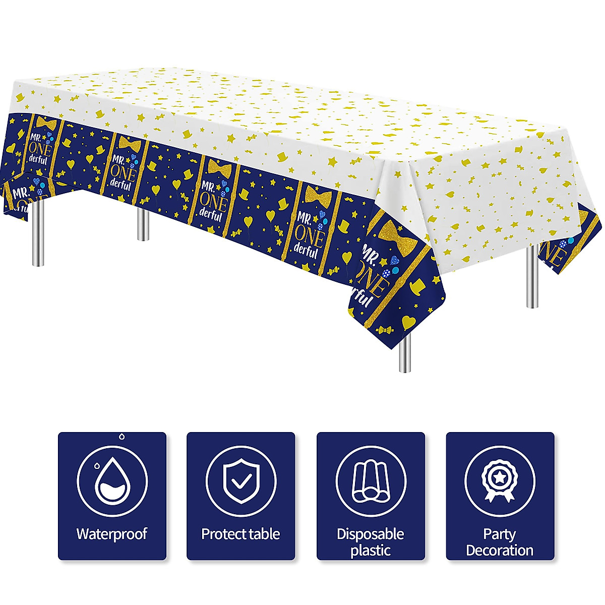 APOWBLS Mr Onederful Birthday Tablecloth Decorations Boy - Disposable Onederful 1st Birthday Party Supplies Table Cover, Baby Boy First Birthday Decorations Table Cloth - 2 Pack (54in x 108in)