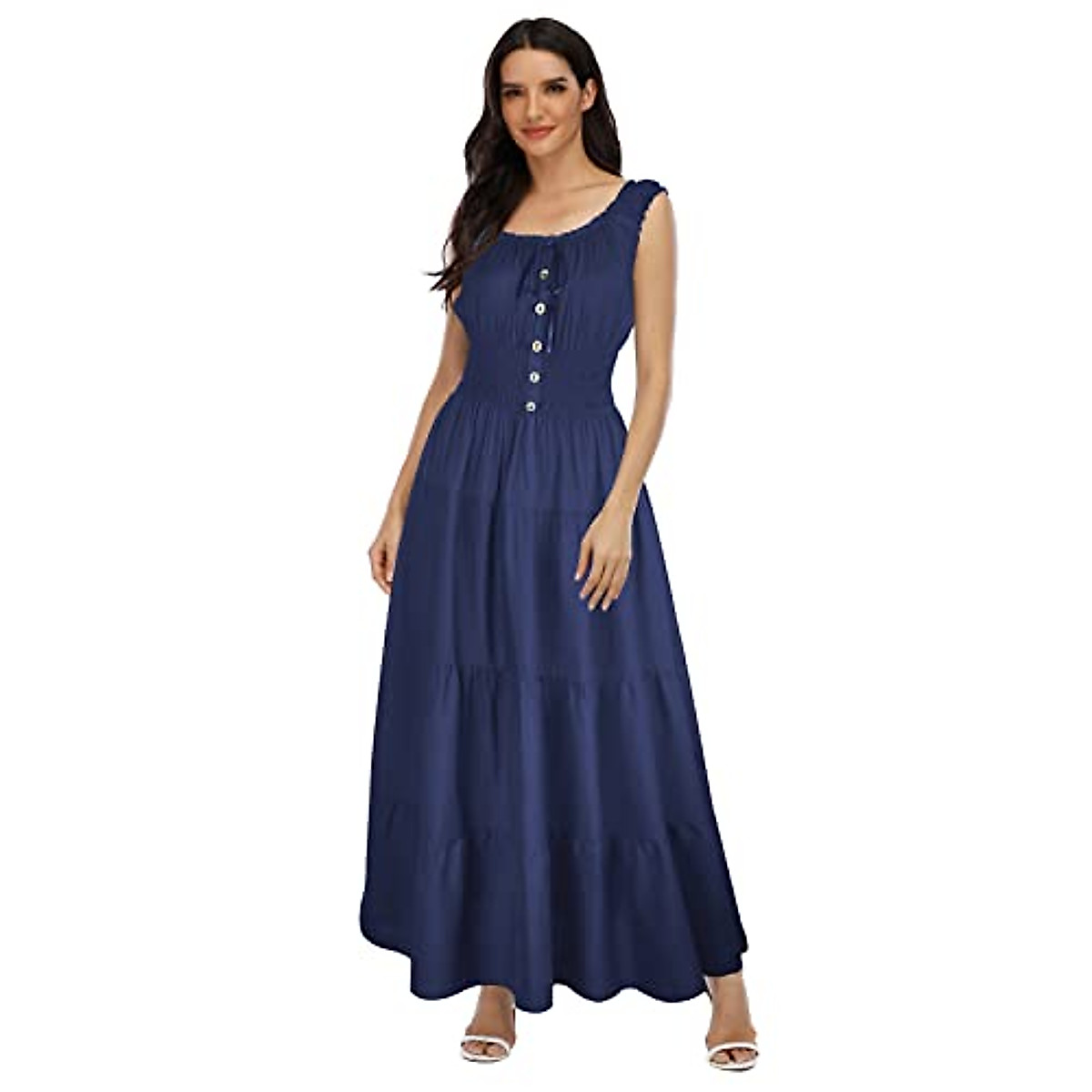 OSTOO Women's 2023 Summer Sleeveless Boho Floral Print Tiered Casual Flowy Long Maxi Dress (Navy, XXL)