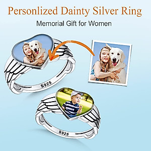 Memory Rings Personalized with Picture Custom Made 925 Sterling Silver Heart Shaped Photo Ring Memorial Jewelry Gift for Women
