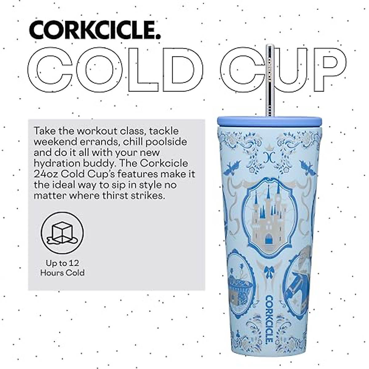 Corkcicle x Disney Princess Cinderella Cold Cup Insulated Tumbler with Lid and Straw, 24 oz – Reusable Water Bottle Keeps Beverages Cold 12hrs, Hot 5hrs – Cupholder Friendly, Lid for Flexible Sipping