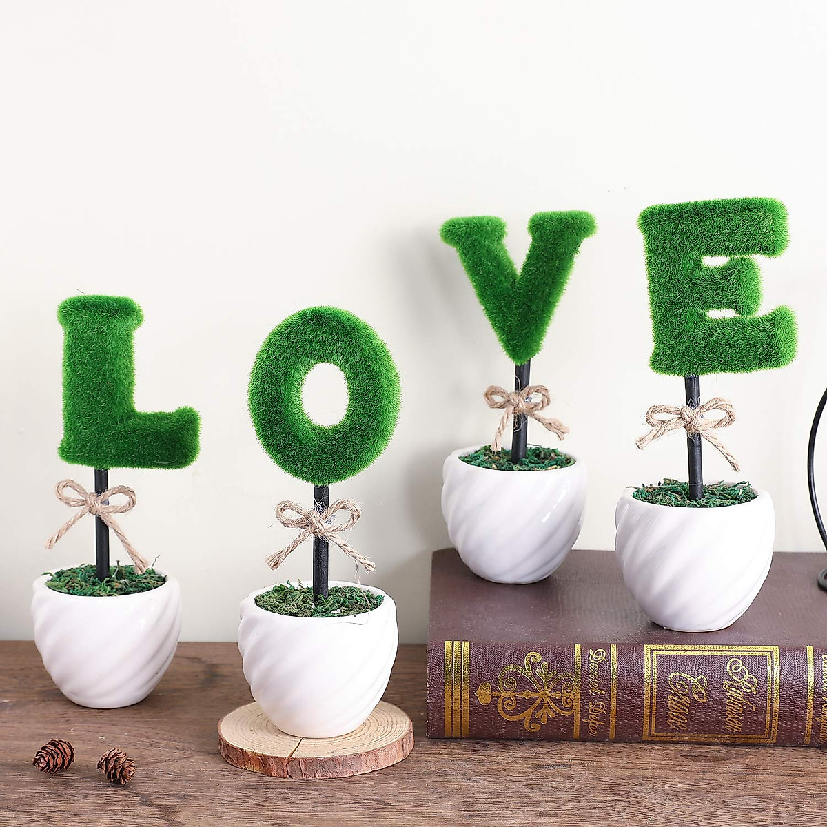 Liry Products Love Letters Decoration White Ceramic Pots Artificial Plants Topiary Set of 4 Faux Bush Planters Tabletop Hedge Sculptures Valentine’s Day Wedding Party Home Office Garden Rustic Modern