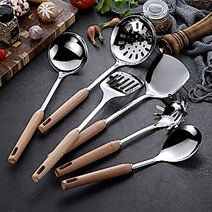 6 Pcs Stainless Steel Kitchen Utensil Wood Handle Cooking Tools Set Ladle Spoon for Restaurant Kitchenware Set