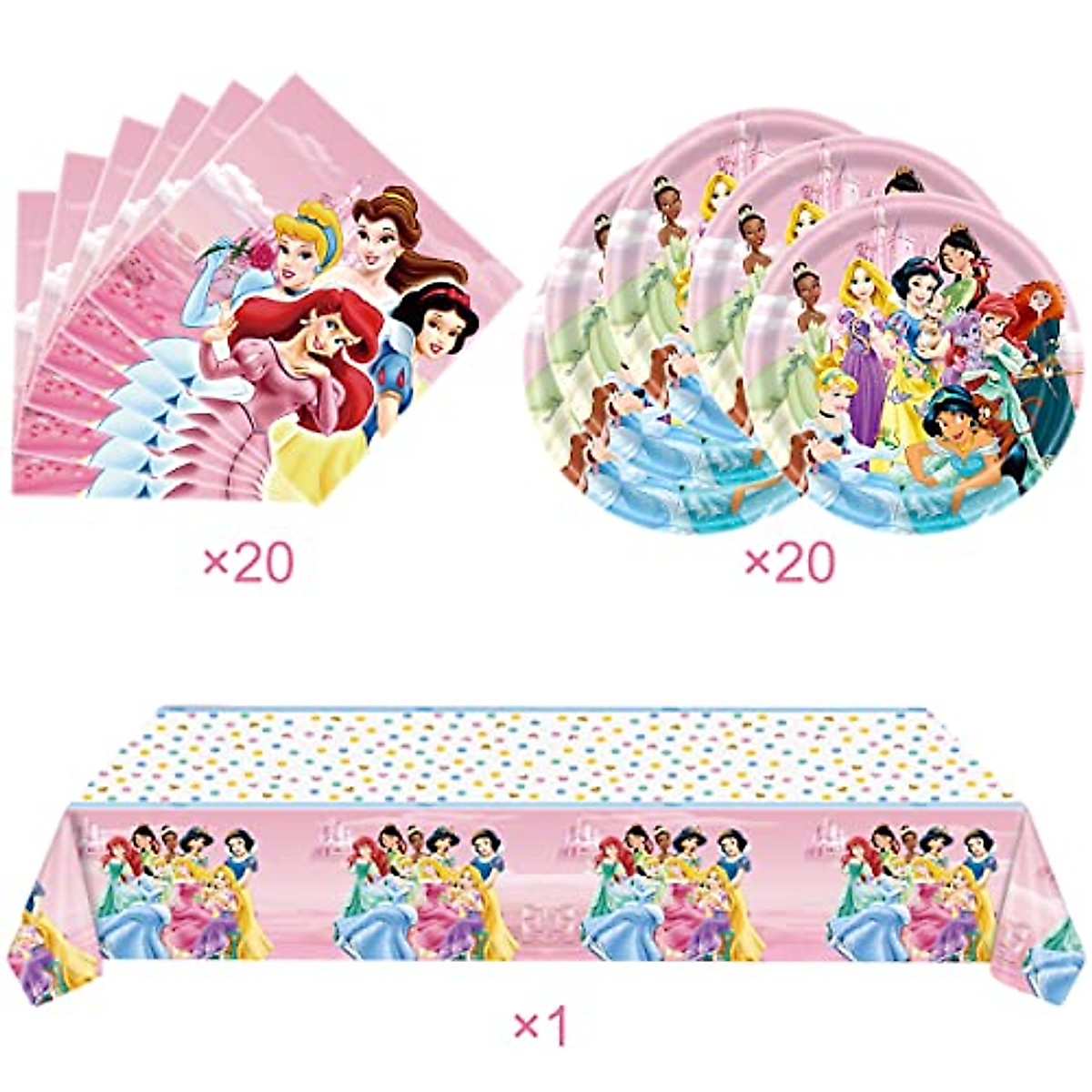 41pcs Princess Birthday Party Supplies ,20 Plates + 20 Napkin + 1Tablecloth Princess Party Decorations Supplies ， Kids Party Decoration Supplies