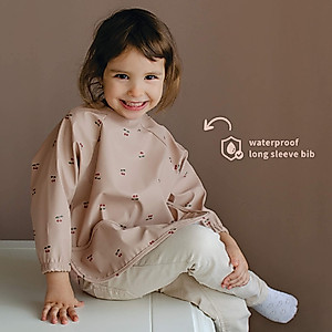 Long Sleeve Bib, Baby Toddler Bib, 6-24 Months, Waterproof Mess-Proof Fabric, Art Smock, Catch-All Pocket, Feeding Bib (Light Brown Cherries)