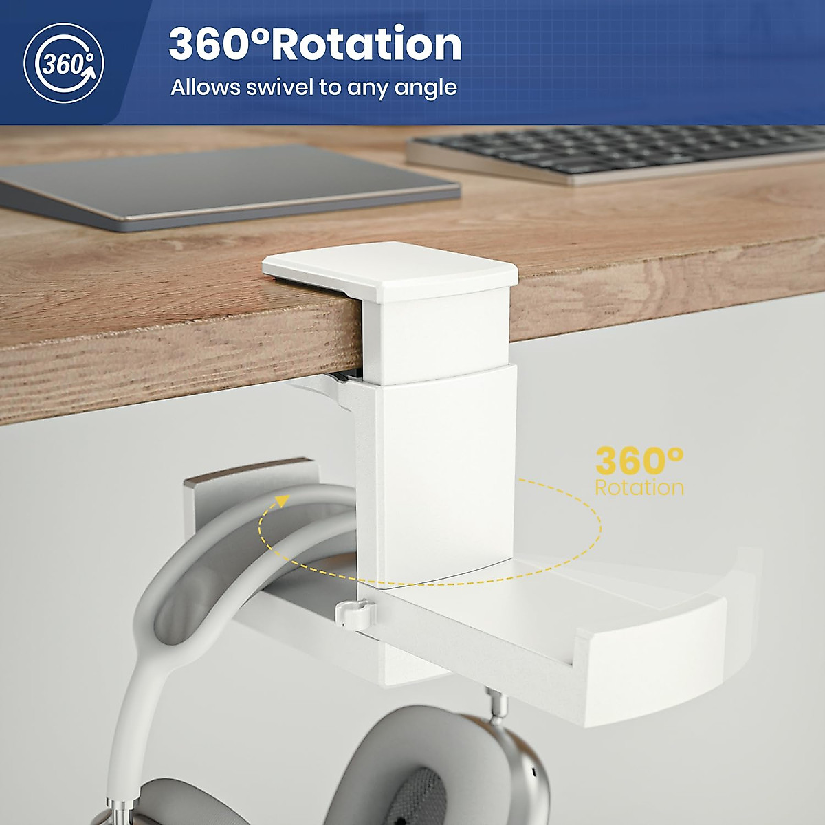 Dual Headphone Stand Holder - EURPMASK 2 in 1 PC Gaming Headset Hooks, 360 Degree Rotating Headphone Hanger with Adjustable Clamp & Cable Clip Organizer, Headset Mount Under Desk Earphone Clamp-White