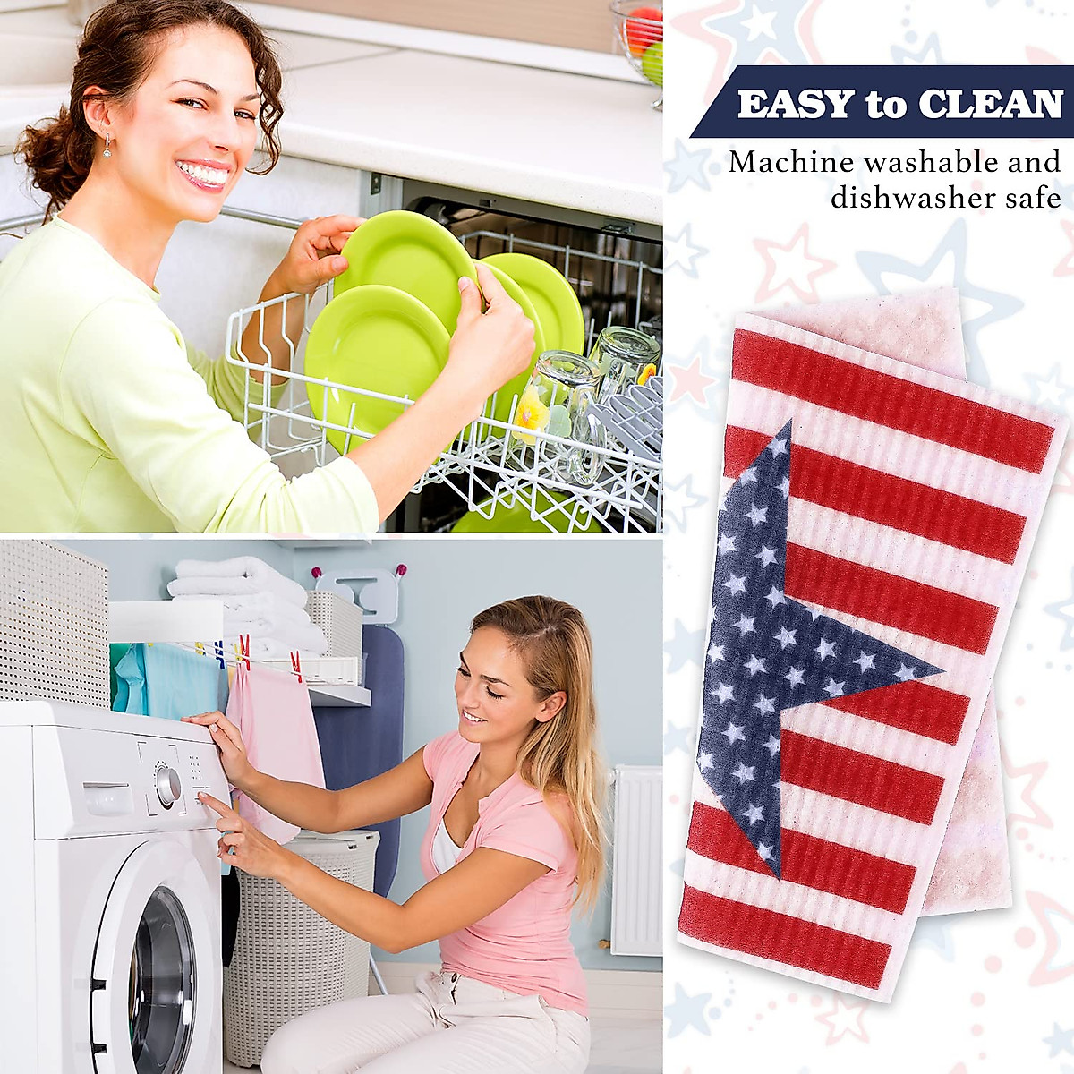 Quera 4Th of July Swedish Kitchen Dishcloth Retro Patriotic Stars & Stripes Truck Cotton Kitchen Towel Independence Day Absorbent Quick Drying Kitchen Cloth for Home Counter Wipes,4Pcs​