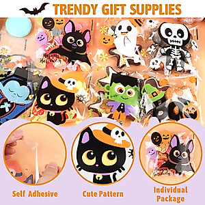LOMIMOS 200pcs Halloween Candy Bags,Self-Adhesive Cellophane Treat Bags 8 Styles Cute for Kids Gift Packing Party Favor Supplies