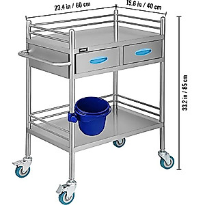 VEVOR Lab Serving Cart Utility Cart Stainless Steel Medical Cart with Two Drawers for lab Equipment Use Grade I Stainless Steel Utility Services (2 Shelves/ 2 Drawer)