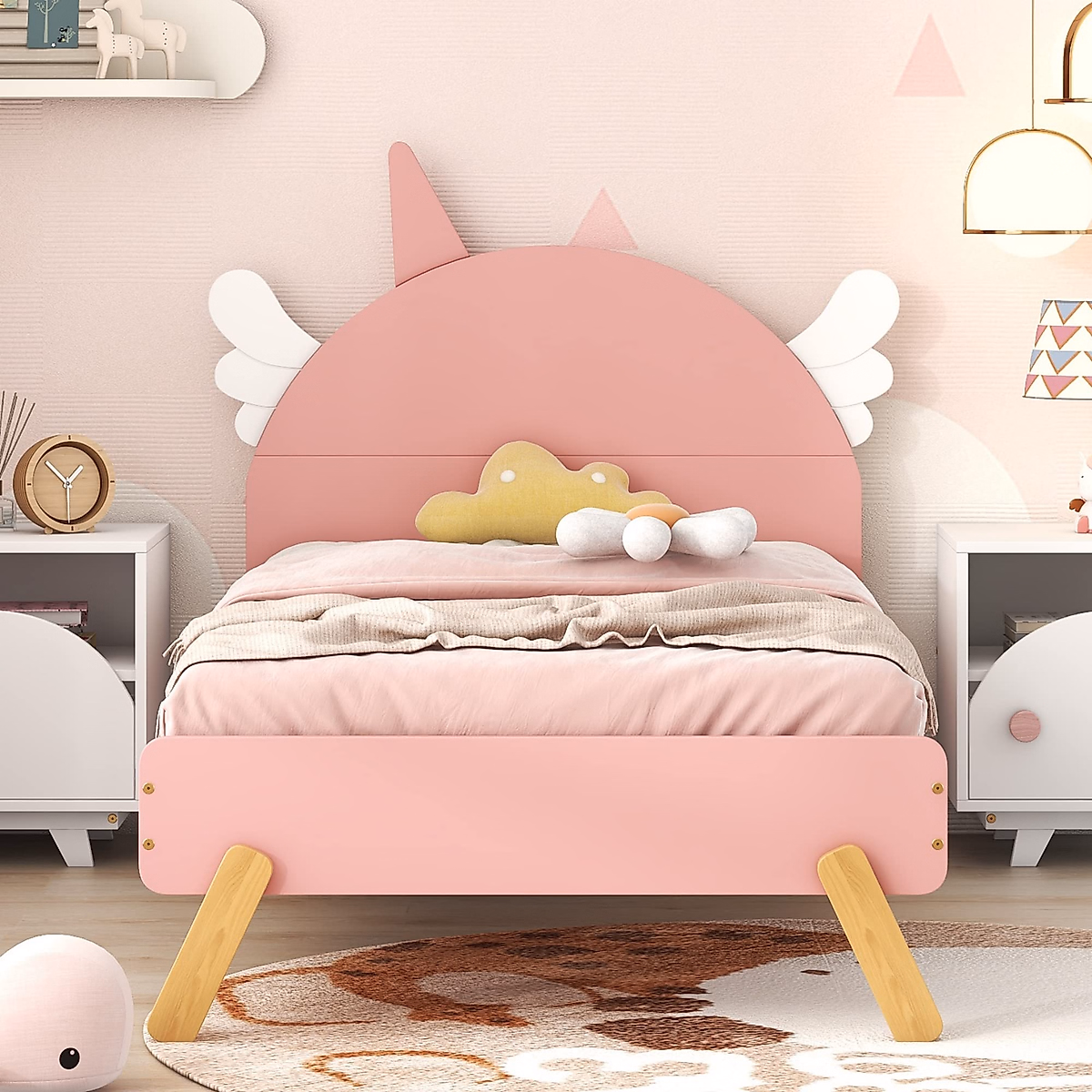 Lifeand Twin Size Bed with Shelf Behind Headboard,Wooden Cute Platform Bed with Curved Headboard,Pink