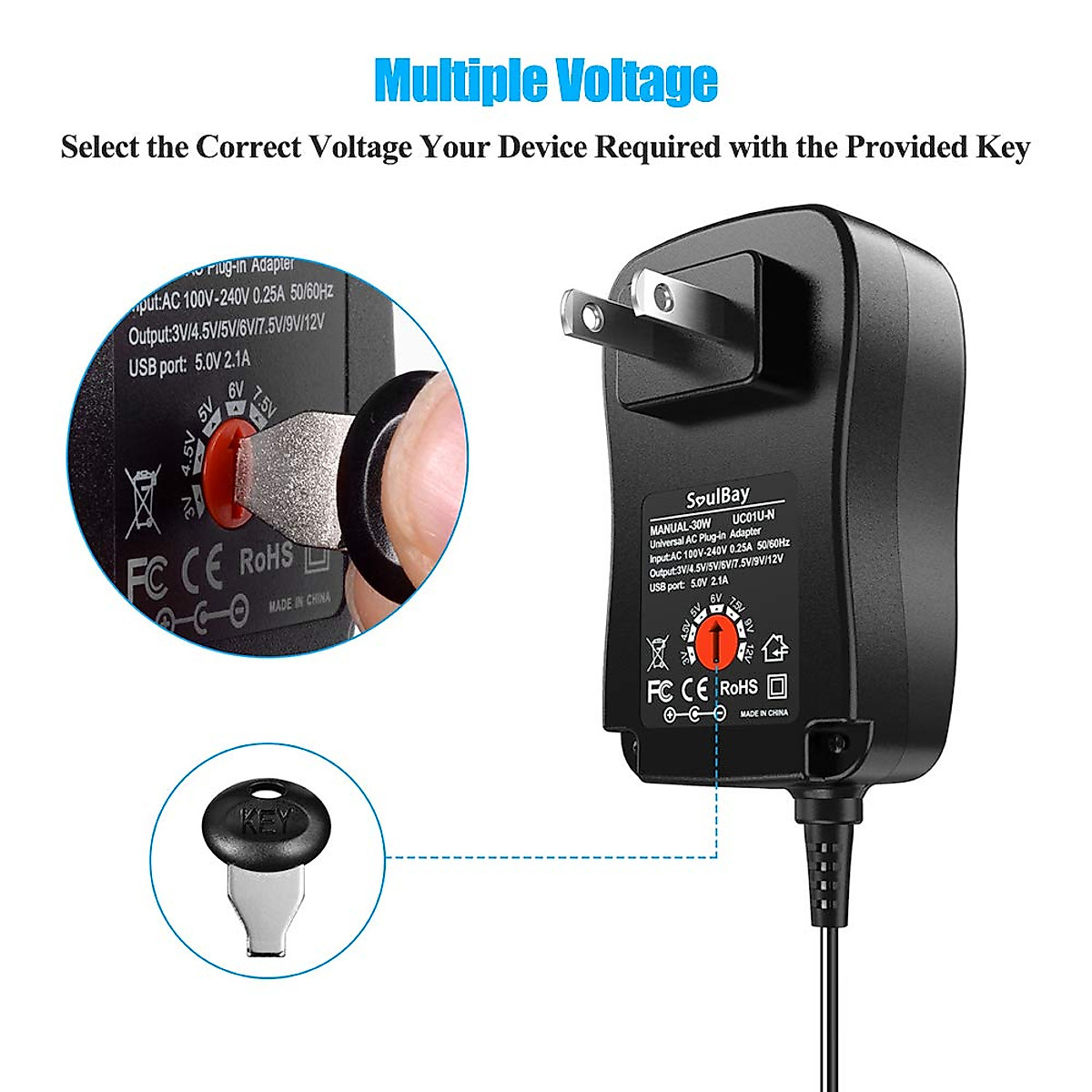 SoulBay Universal Power Supply AC to DC 3V 4.5V 5V 6V 7.5V 9V 12V Multi Voltage Power Adapter with 8 Plugs for Center Negative(-) Tip Negative Effects Pedals Keyboards Instrument - 2A Max