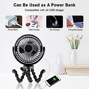 LICHTEE Battery Operated Baby Stroller Fan ,Portable Small Personal Fan, Rechargeable USB Desk Fan with Charging your Phone Three-speed Adjustment Clip on for Stroller Car Seat/Kitchen/Umbrella/Desk/Golf Cart
