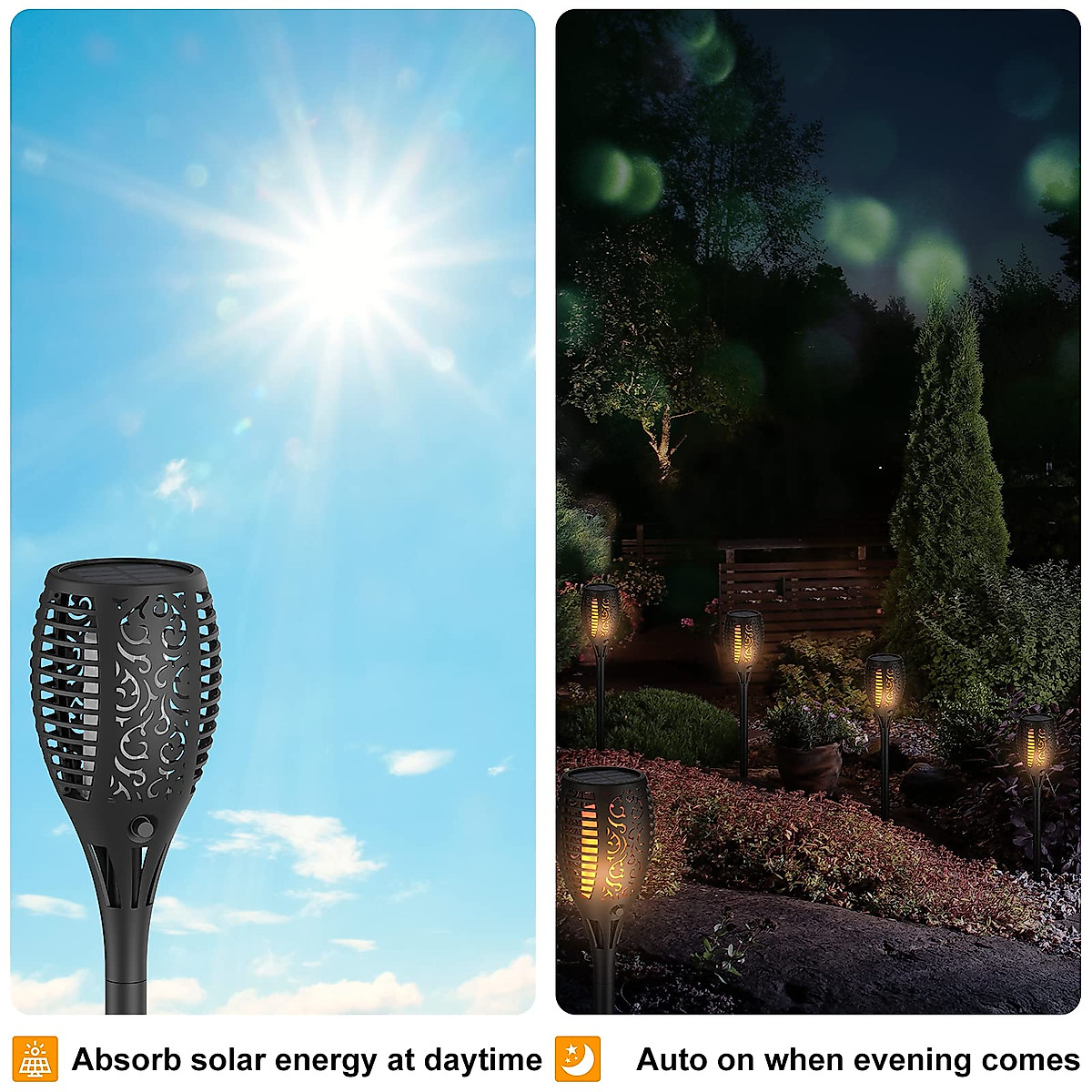 Ruyilam Solar Garden Lights Outdoor, 4-Pack 96LED Waterproof Solar Flickering Dancing Flame 31' Pathway Lights, Dusk to Dawn Auto On/Off for Garden/Yard/Driveway/Pathway