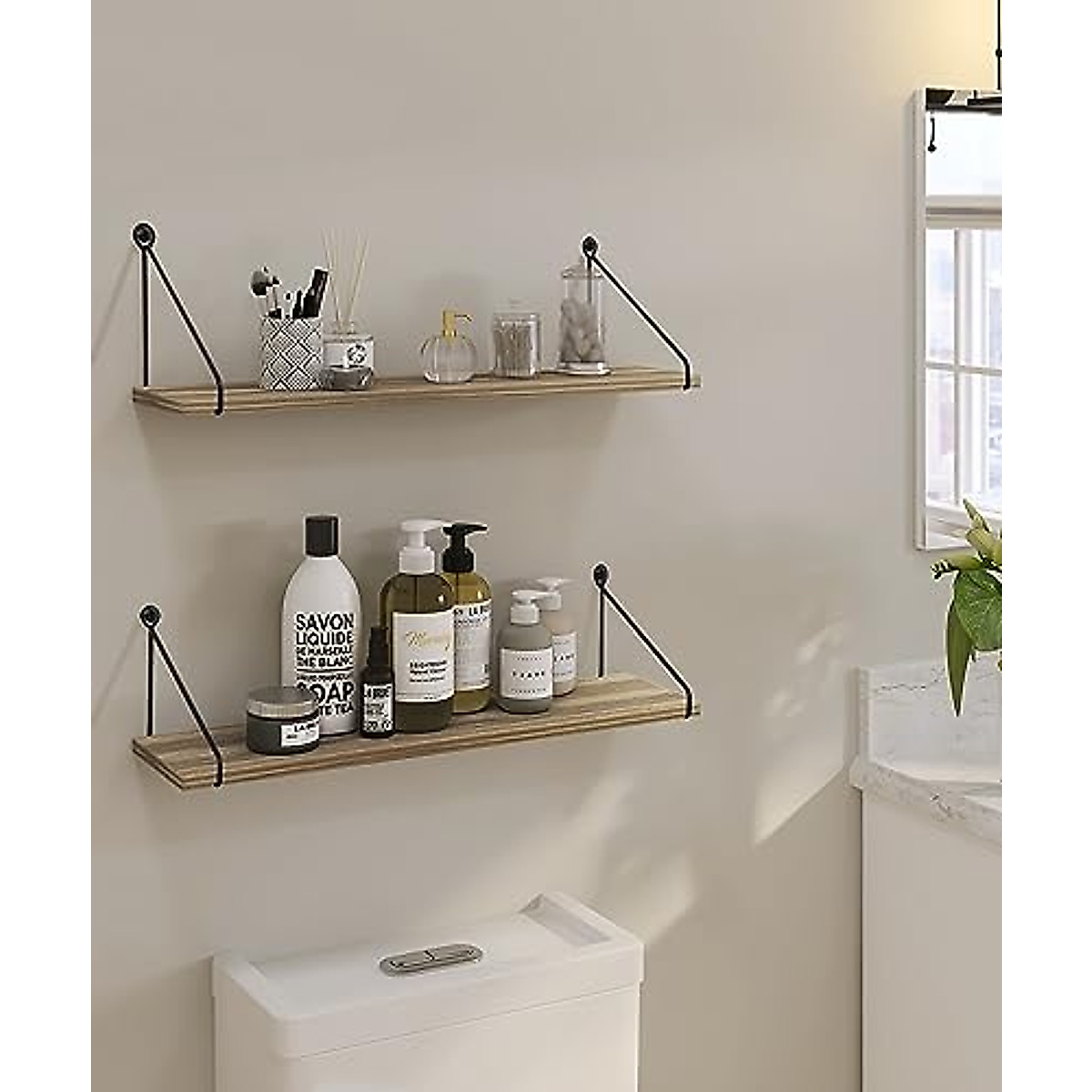 Sapowerntus Long Floating Shelves for Wall Mounted 24 Inch, Rustic Farmhouse Wood Bathroom Hanging Extended Shelf, Bedroom Living Room Kitchen Office Display, Storage Decor Set of 2, Brown
