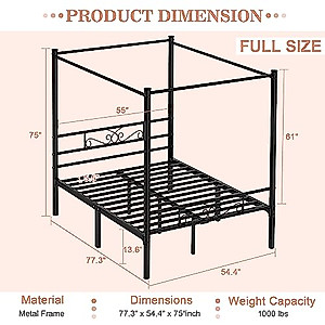 Codesfir Full Size Metal Canopy Bed Frame, Four-Poster Canopied Platform Bed Frame with Headboard and Footboard, Sturdy Metal Slatted Structure, No Box Spring Needed, Easy Assembly, Black