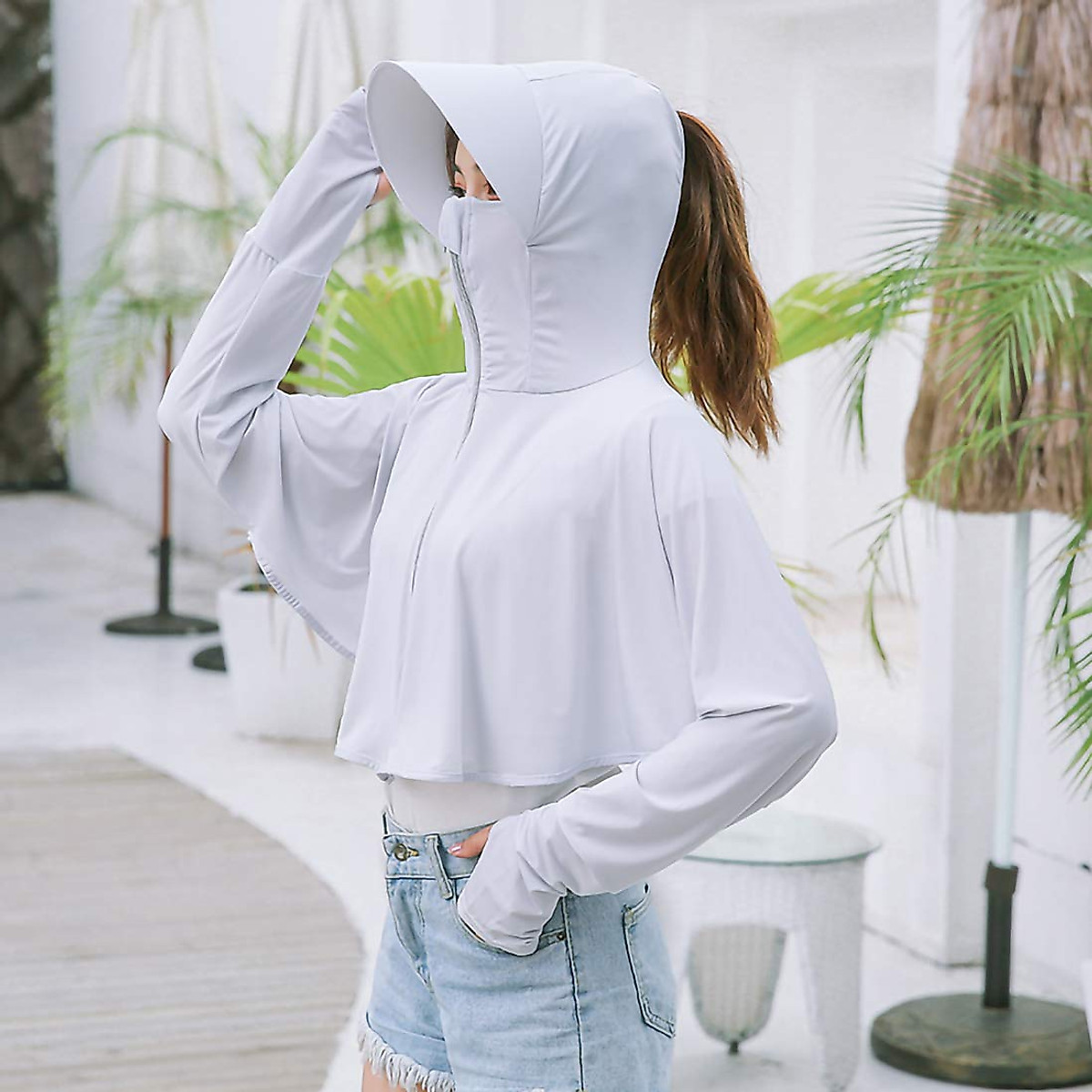 Anpox Women Hooded Sun Protection Shirt Summer Sunscreen Clothes Cycling Driving Anti UV (Gray, One Size)