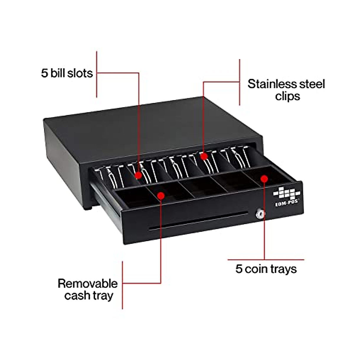 EOM-POS Cash Register Money Drawer. Compatible with Square [Receipt Printer Required]. Includes Built in Cable to Connect to Receipt Printer. (Printer Driven)
