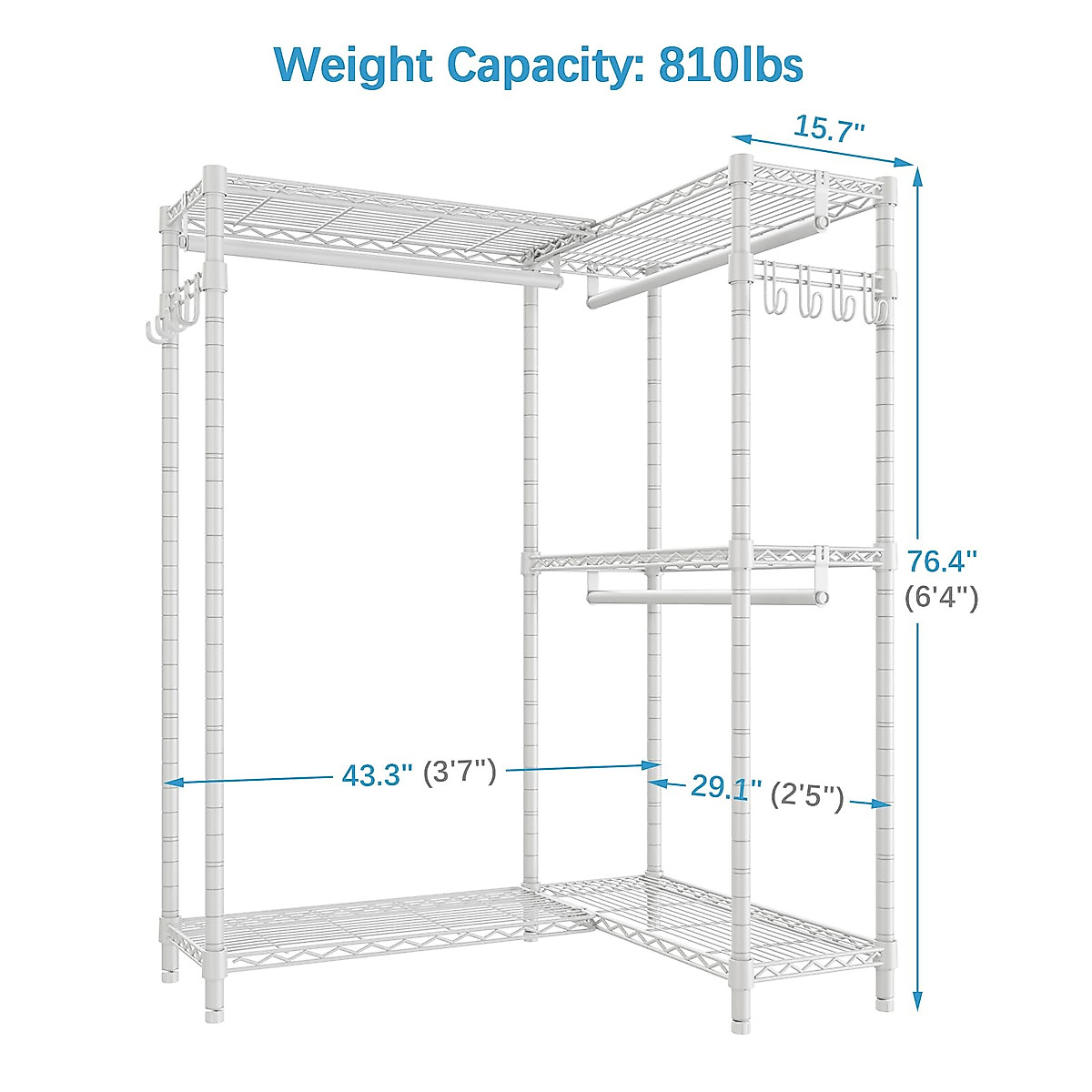 VIPEK L4S Garment Rack L Shaped Clothes Rack for Corner, Freestanding Portable Wardrobe Closet Heavy Duty Clothing Rack with 3 Hanging Rods & 2 Side Hooks, 43.3"Lx29.1"Wx76.4"H, Max Load 810LBS, White