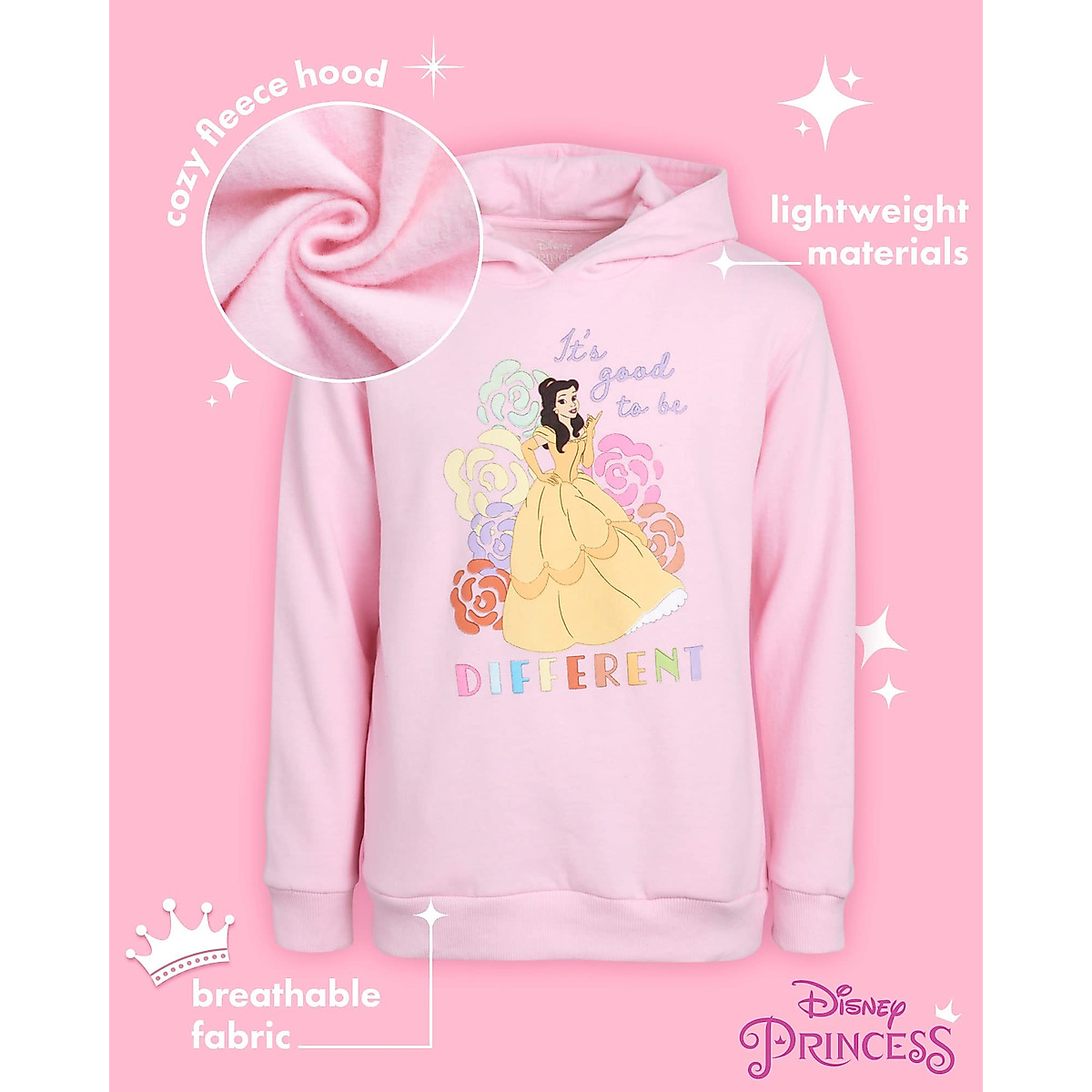 Disney Girls' Princess Sweatshirt – Frozen Elsa Anna, Cinderella, Belle, Moana Pullover Hoodie (2T-7), Size 4T, Belle Pink
