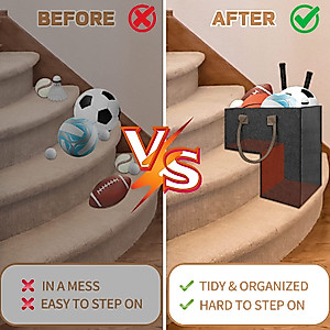 MODOWEY 2Pcs L-Shape Stair Basket Organizer, Foldable Fabric Staircase Storage Organizer with Faux Leather Handles, Large Stair Storage Organizer for Laundry, Toys, Household Items