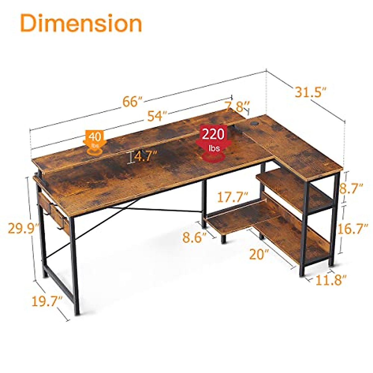 ODK Small L Shaped Desk, 66 inch Corner Desk with Reversible Storage Shelves, Computer Desk with Monitor Shelf and PC Stand for Home Office, Gaming Desk with Headphone Hooks, Rustic Brown