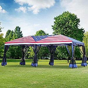 Outsunny 10' x 20' Heavy Duty Pop Up Canopy with 6 Sidewall Mesh Netting, Outdoor Party Event Tent with Oxford Fabric Roof for Backyard Garden Patio, American Flag