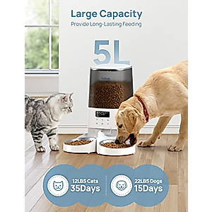 Rellorus Automatic Cat Feeders, 5L/21Cups Pet Food Dispenser for Two Cats, Timed Cat Feeder with Double Bowls, 48 Portions 6 Meals Per Day for Cat and Dog, 10s Meal Call