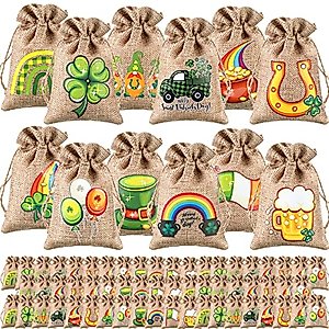 120 Pcs St. Patrick's Day Linen Gift Bag Irish Clover Burlap Bags with Drawstring Small Shamrock Goodie Bag Mini Holiday Treat Sacks Bulk Gifts for Coworkers Candy Party Favor, 12 Designs, 4 x 5.5''