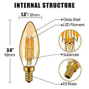 Emotionlite LED Light Bulbs, Dimmable Candelabra Bulbs, E12 Base, Amber Yellowish, Chandelier Light, Ceiling Fan Bulb, 40W Equivalent, 4W, 2200K, 350LM, UL Listed, 6 Pack