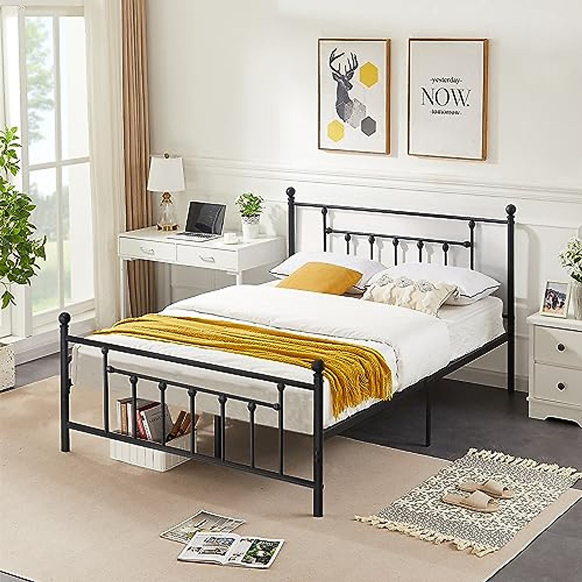 VECELO Full Size Metal Platform Bed Frame with Headboard and Footboard, Heavy Duty Slat Support/No Box Spring Needed Mattress Foundation/Underbed Storage Space, Victorian Style, Black