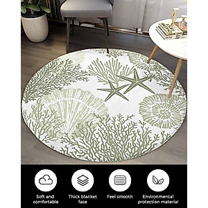 Sage Green Shell Fluffy Round Area Rug Carpets 3.3ft, Plush Shaggy Carpet Soft Circular Rugs, Non-Slip Fuzzy Accent Floor Mat for Living Room Bedroom Nursery Ocean Nautical Starfish Abstract Geometric