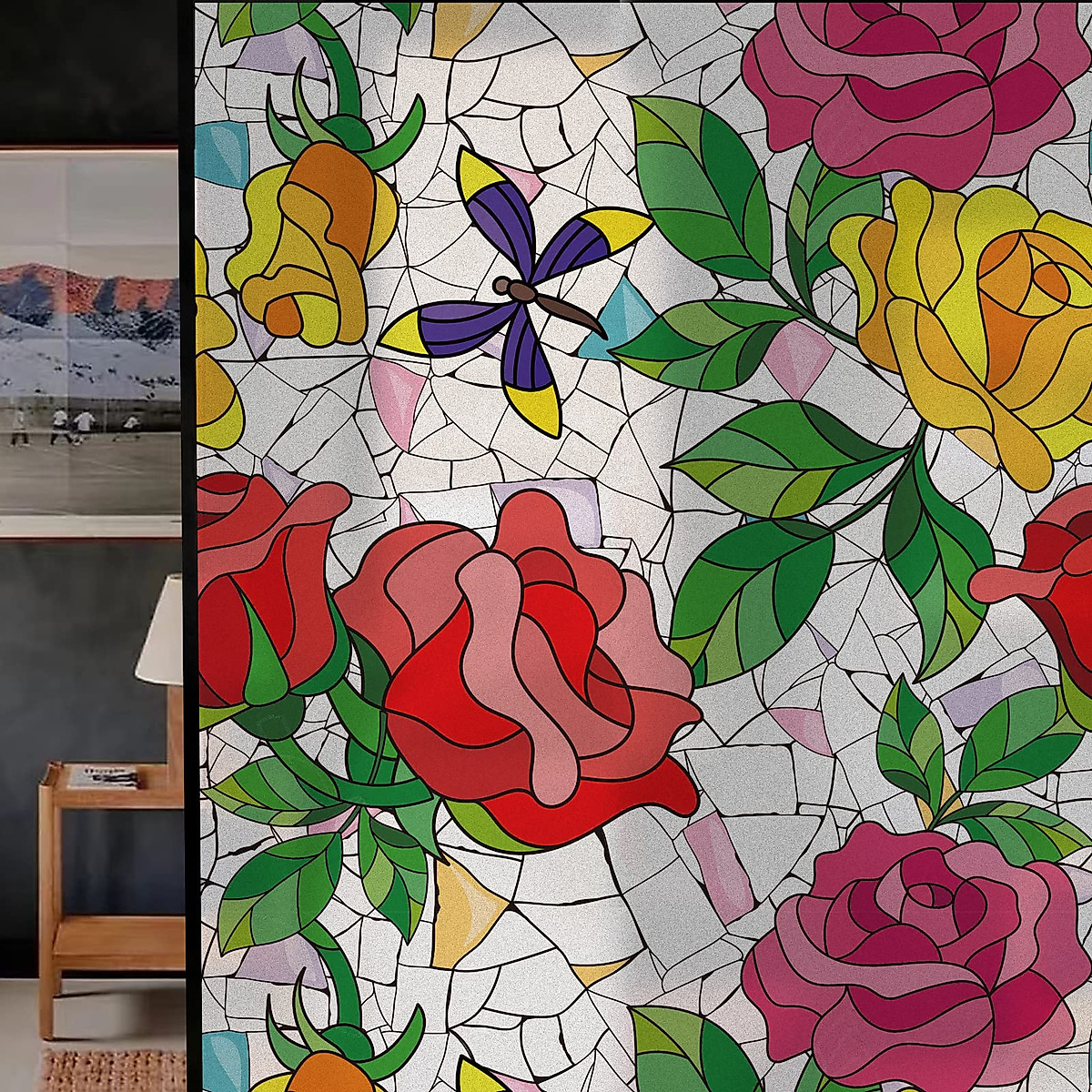 DKTIE Flower Series Stained Glass Window Film with Installation Kit, Decorative Window Privacy Film Sun Blocking Heat Control Static Cling Window Film Frosted Glass Film (A, 17.7 x 78.7 Inch)