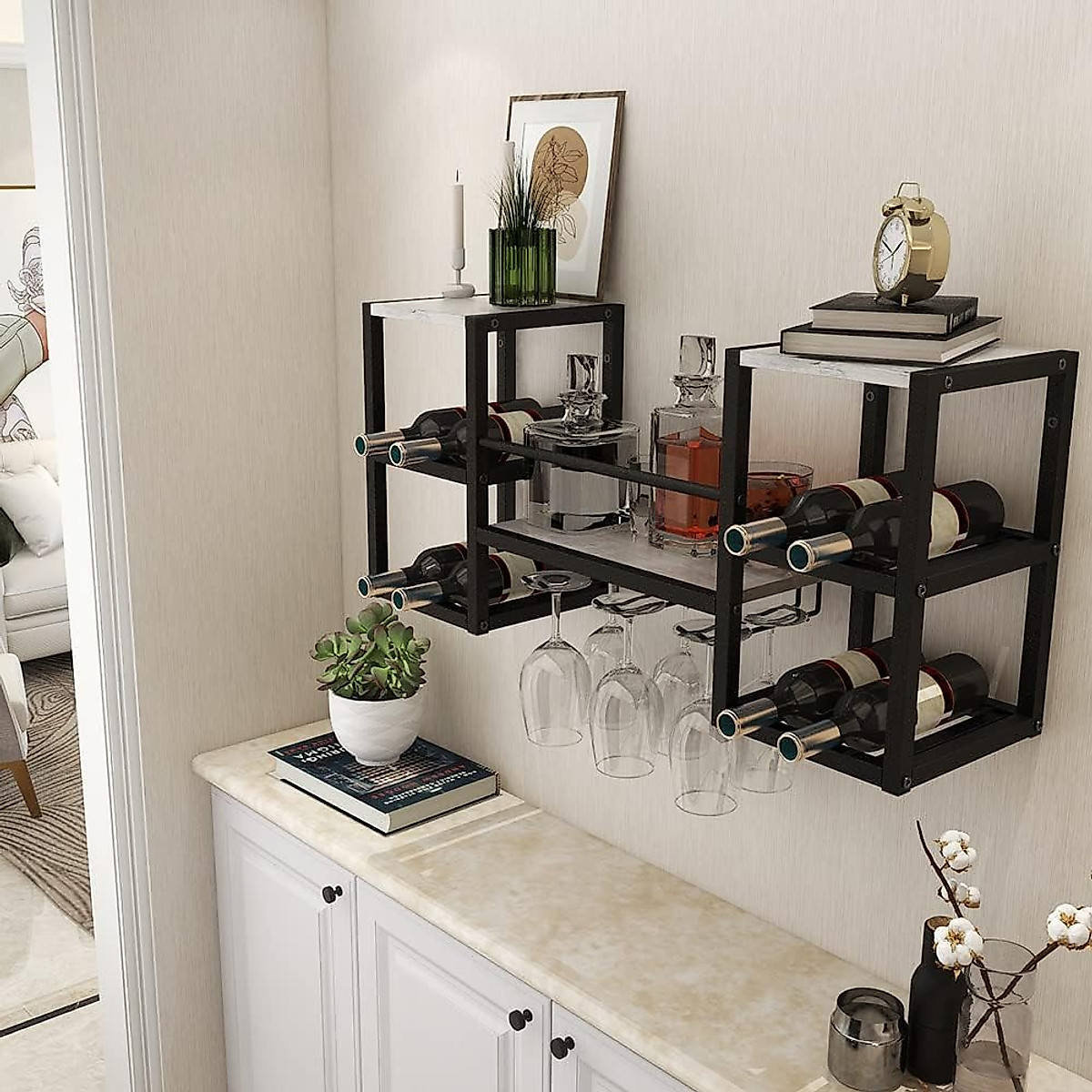 GiftGo Industrial Brown Wall Mounted Wine Rack with 3 Steam Glass Holder Partial Wood Shelf Black Metal Bottle Holder Multi Functional Wine Storage Display Rack for Home Bar Dining Room Kitchen