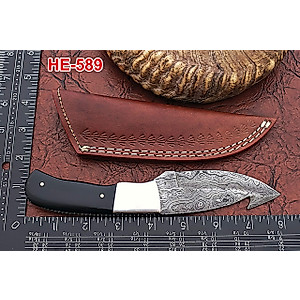 HUNTEX Handmade Hand-Forged Ladder Pattern Damascus Steel 8 Inch Long Full Tang Natural Buffalo Horn Handle Razor Sharp Hunting Camping Gut Hook Knife w/Genuine Leather Pouch