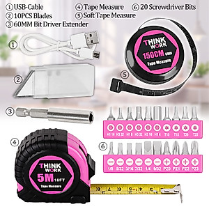 THINKWORK 41 Piece Pink Tool Set - Lady's Hand Tool Set with 3.6V Rotatable Electric Screwdriver, Home Repairing Tool Kit for Women with Large Mouth Open Tool Bag, Perfect for Home DIY, Daily Use