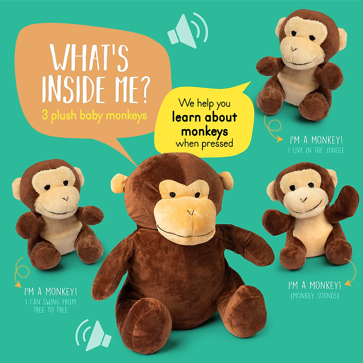 Talking Stuffed Mommy Monkey with 3 Baby Monkeys in her Tummy | Plush Monkey | Monkey Stuffed Animals | Stuffed Animal Family | Stuffed Animal Mom and Baby | Stuffed Animals for Ages 0+