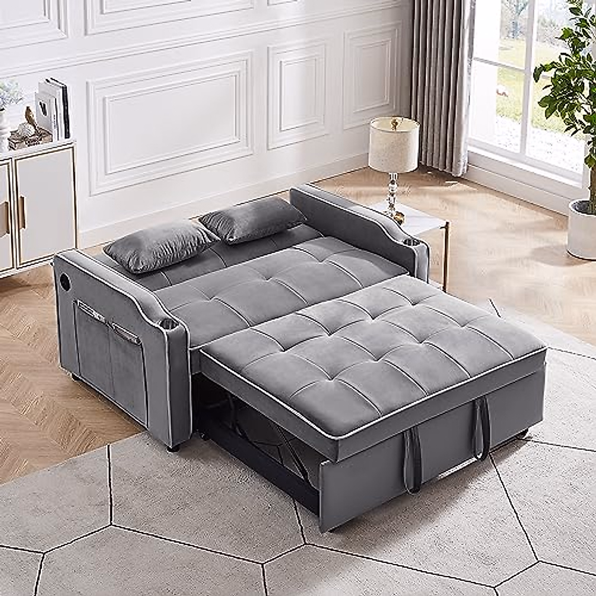 Modern Upholstered Napping Futon Sofa Loveseat Convertible to Nap Sleeper Couch Bed,3 in 1 Design Loveseat & Sofabed & Recliner Chaies for Compact Living Room