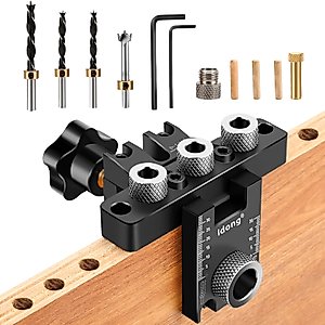 3-in-1 Pocket Hole Jig Kit for straight holes, 8/10/15 mm Pocket Hole Wooden Dowel Drilling Template Set with Positioning Clip Adjustable Drill Guide Puncher Locator (Self Centering Doweling Jig Kit)