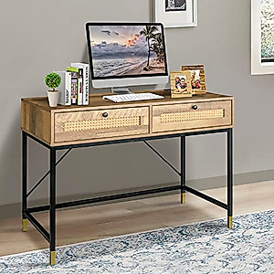 LEEJAY Rattan Computer Desk with Two Drawers, 40 inch Small Computer Writing Desk with Outlets, Entryway Console Table for Small Space,39.37Lx19.68Wx31.29H, Mix Oak